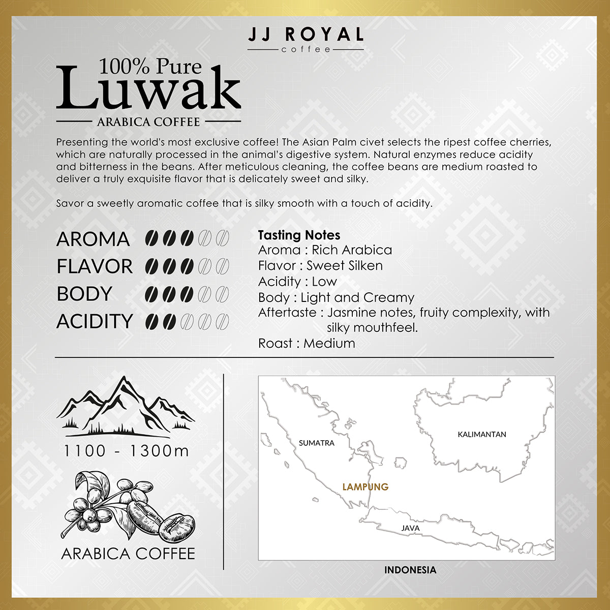 100% Pure Luwak Arabica Coffee (Whole Bean Coffee) 100g | JJ Royal ...