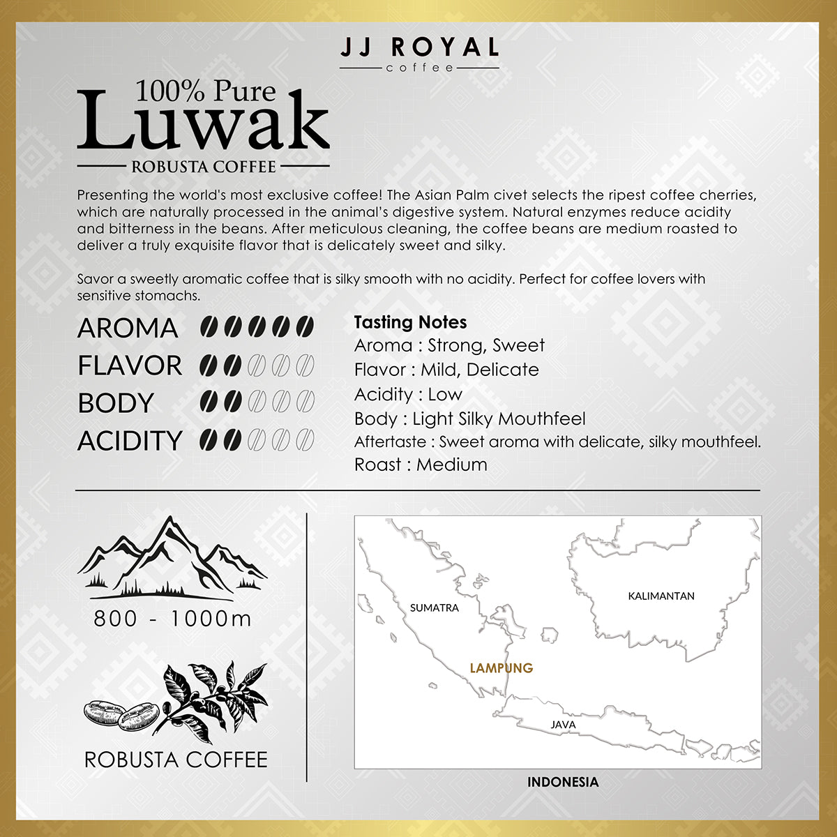 100% Pure Luwak Robusta Whole Bean Coffee | JJ Royal Coffee Singapore