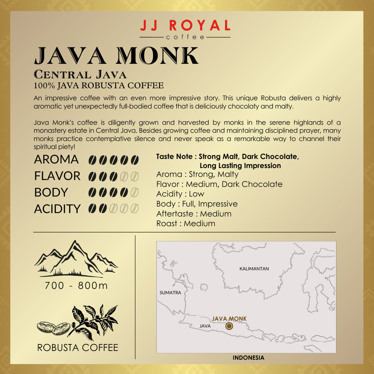 Java Monk Single Origin Whole Bean Robusta | JJ Royal Coffee Singapore